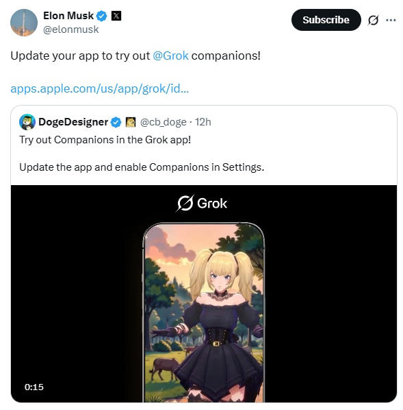 Grok now has AI companions including a goth anime girl, says Elon Musk