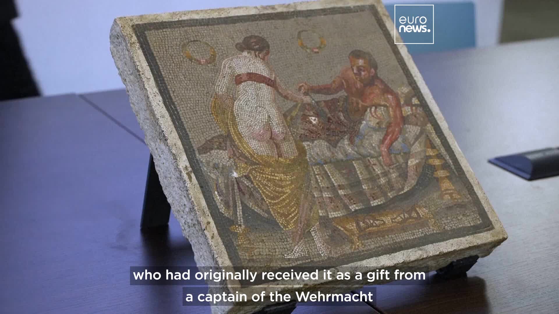 Roman-era erotic mosaic panel stolen by Nazi captain during World War II returns to Pompeii