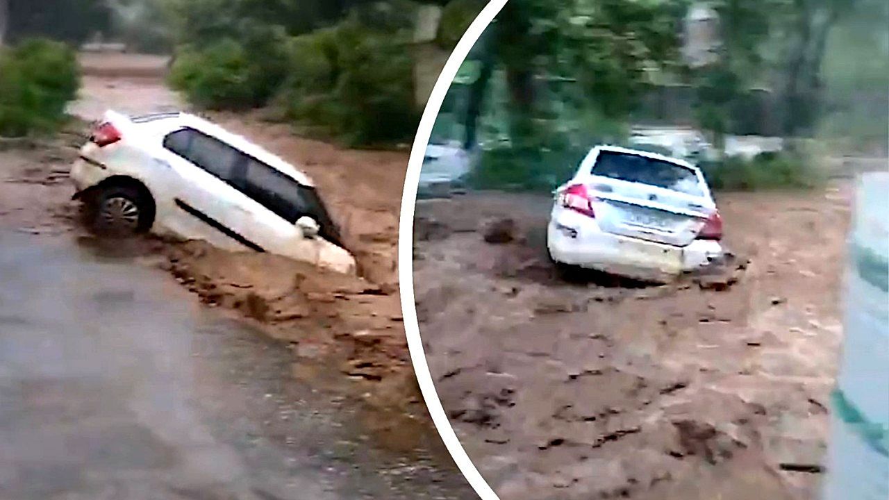 Car swept away as raging floodwaters turn roads into rivers in India