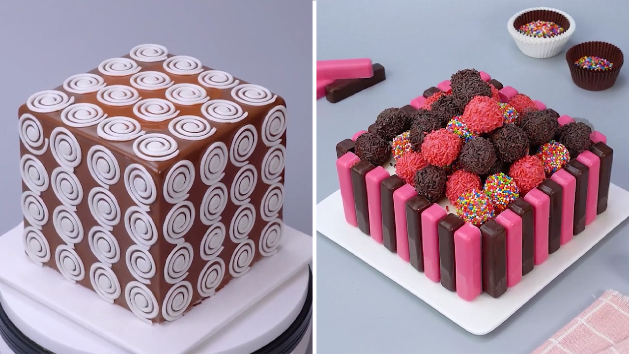 Cube Cake Designs with Spiral Icing & Candy Stick Decor – Cake Videos