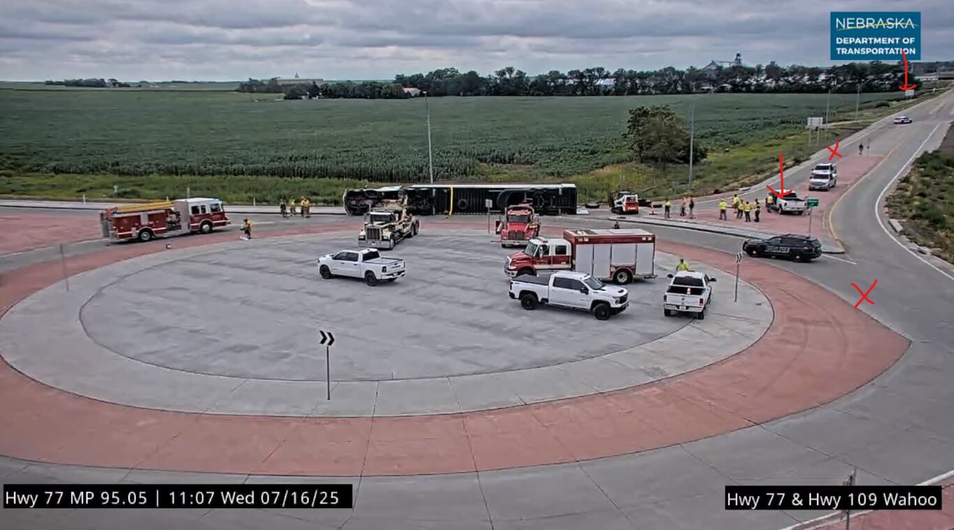 Semi overturns at Wahoo roundabout, spills load of tires