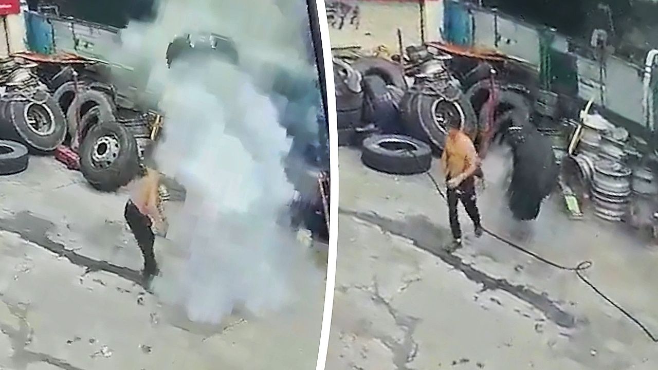 Inches from death! Mechanic narrowly dodges exploding truck tire