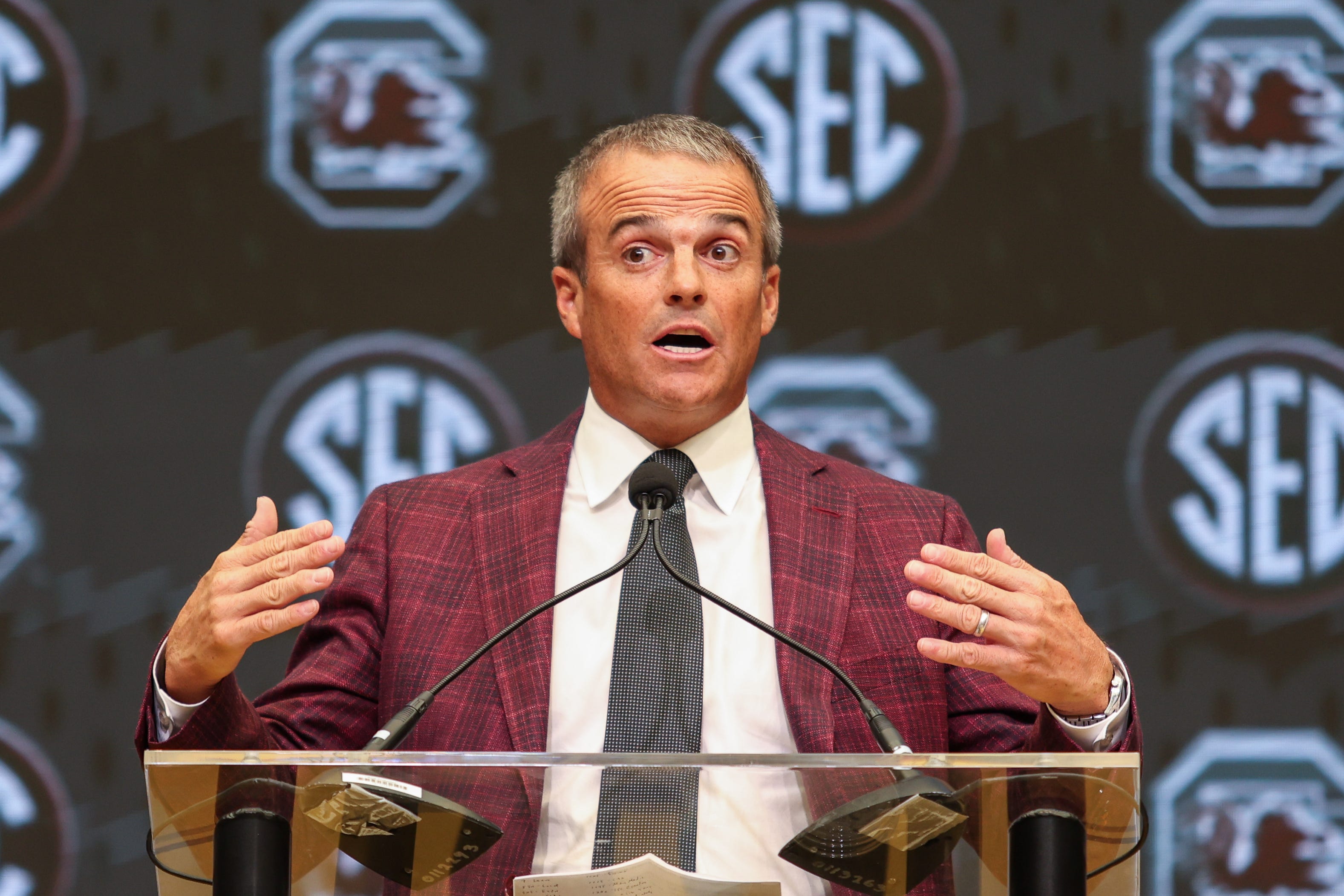 South Carolina football coach Shane Beamer top salesman at SEC media ...