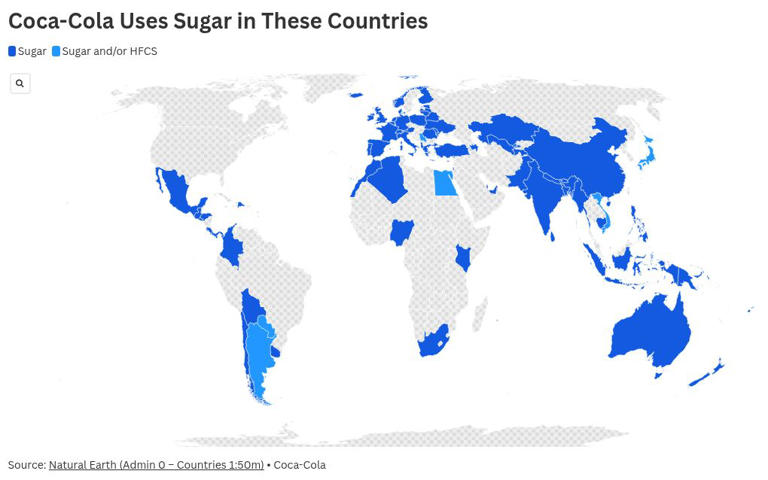 Map shows countries currently making Coca-Cola with cane sugar