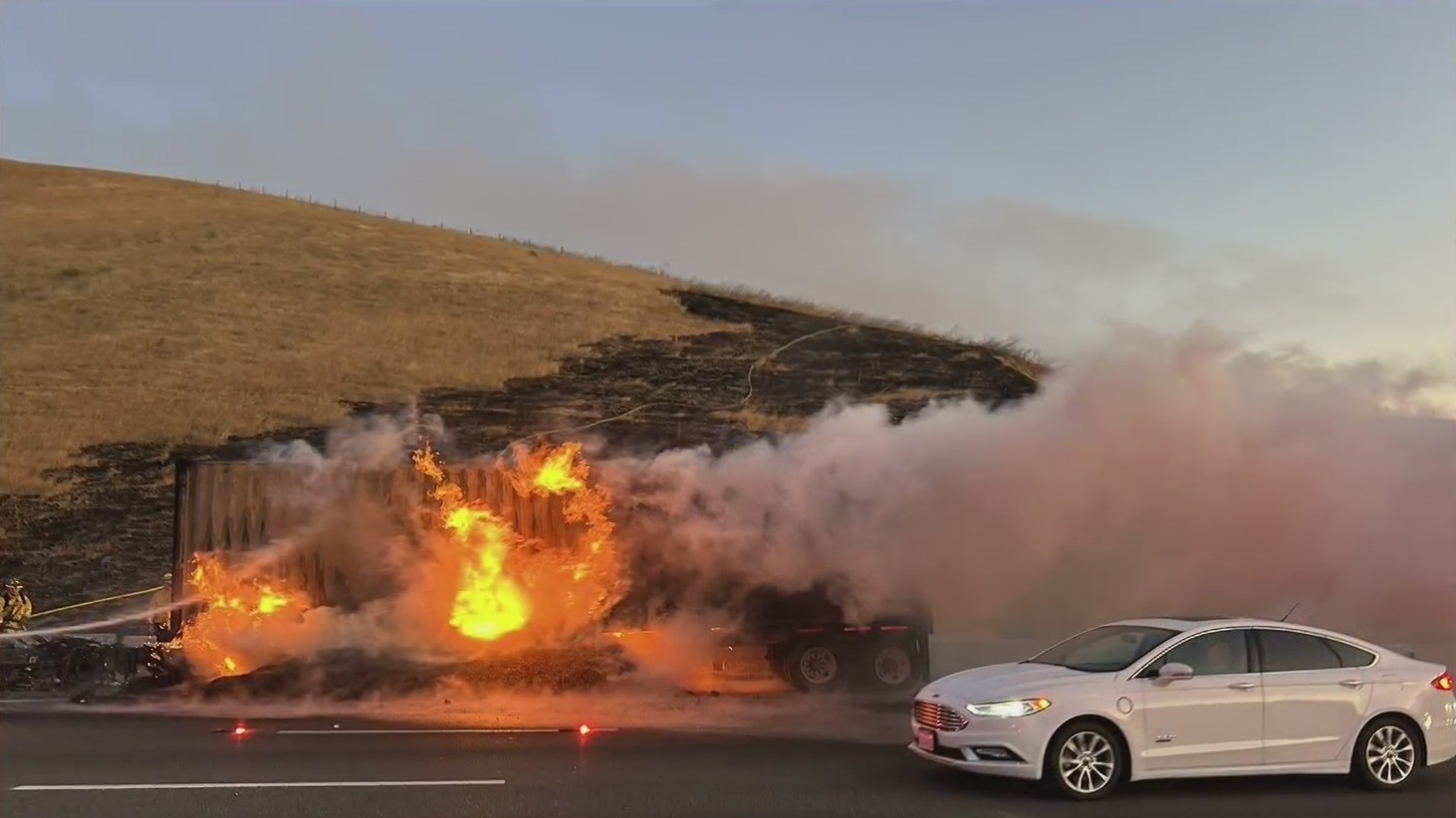 Early morning big-rig fire shuts down westbound I-580 at Altamont Pass