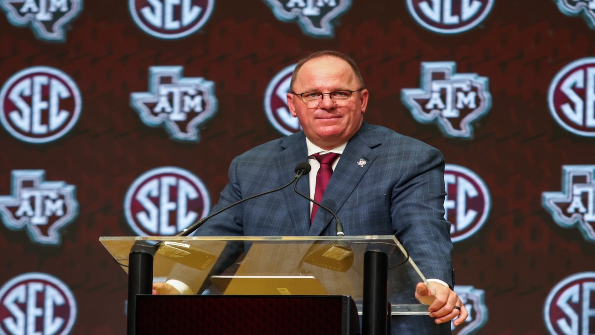 Mike Elko Reacts to Texas A&M Aggie Fight Song Playing to Texas ...