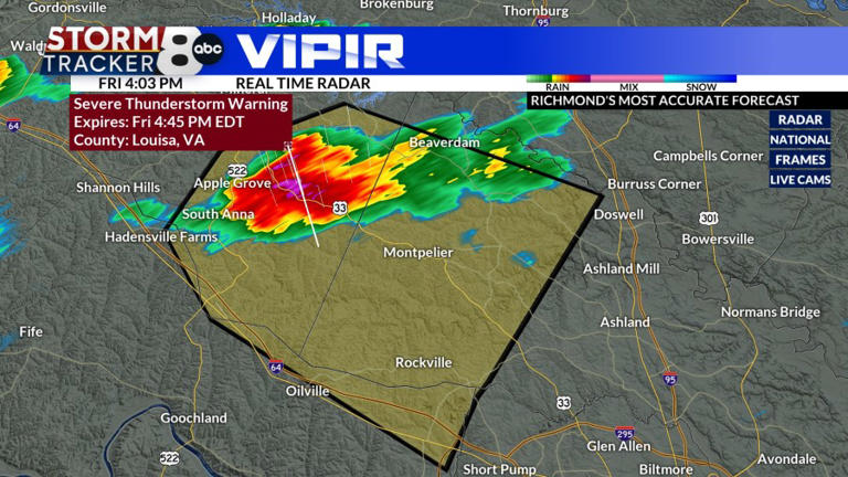 Severe thunderstorm warning issued for some Central Virginia localities