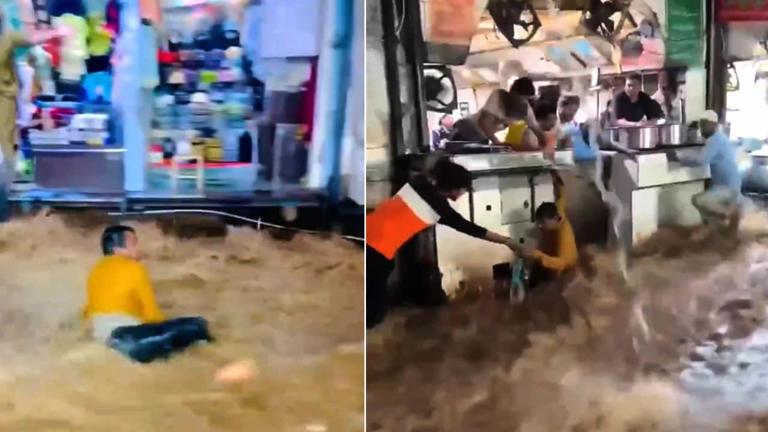 Viral Video: Man Swept Away by Floodwaters in Rajasthan, Rescued by ...