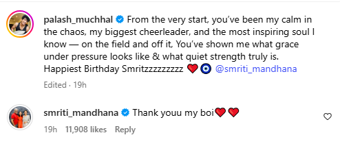 Smriti Mandhana sends hearts with adorable reply on Palash Muchhal's birthday wish