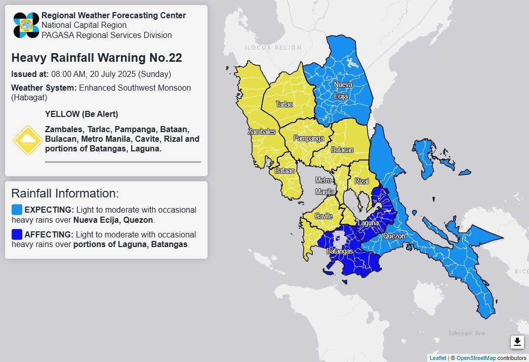 Yellow rainfall warning up over Metro Manila, 9 other areas