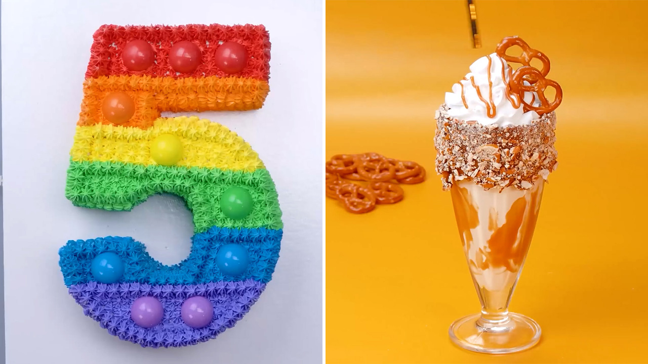 Rainbow Number Cake and Caramel Pretzel Milkshake | Cake and Drink Designs
