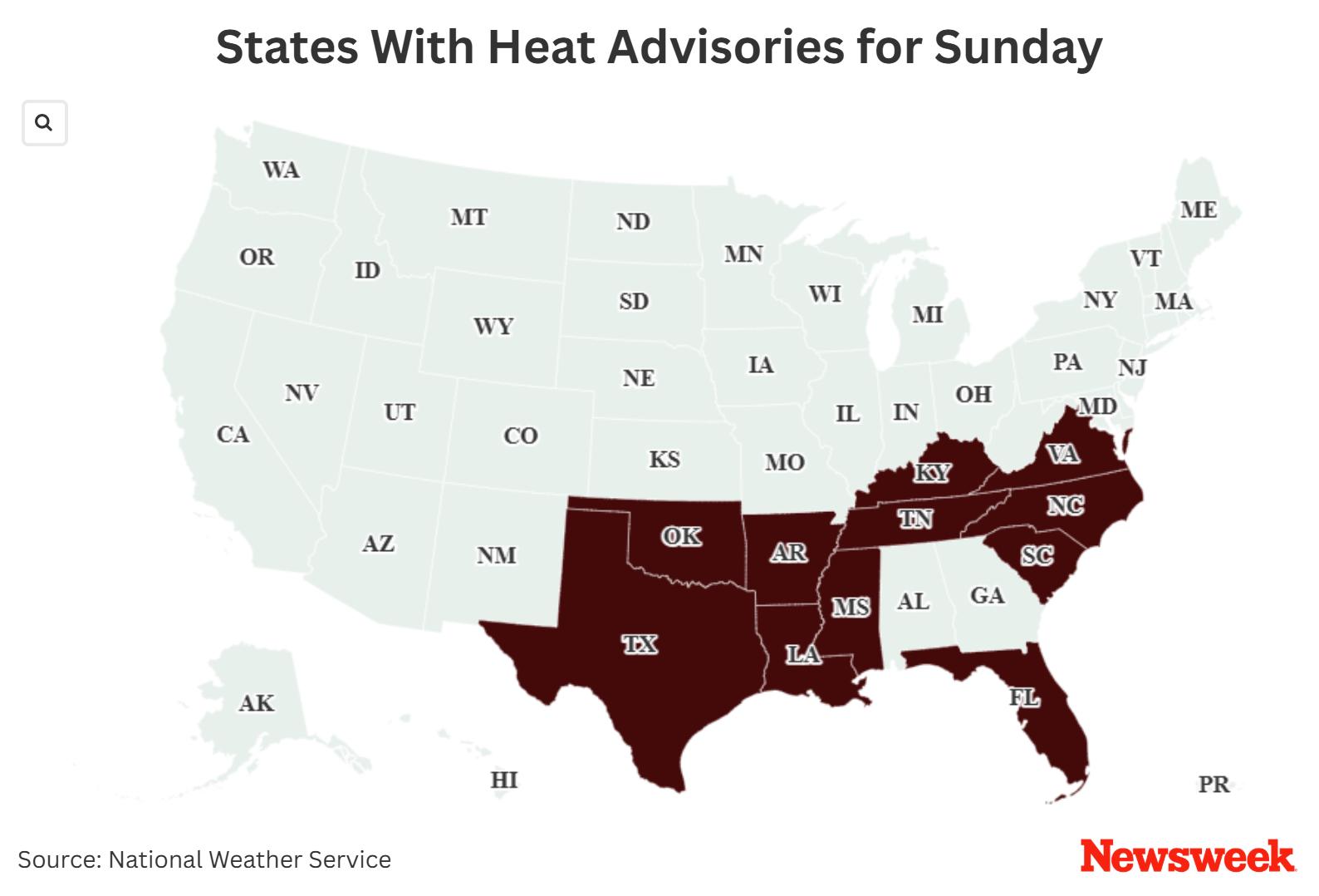 Map shows 12 states facing 'dangerously hot conditions'