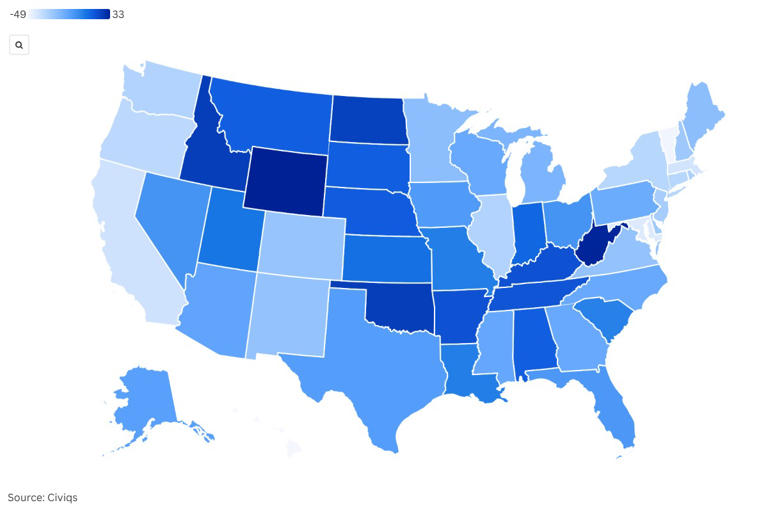 Map shows Donald Trump's approval rating in each state after six months