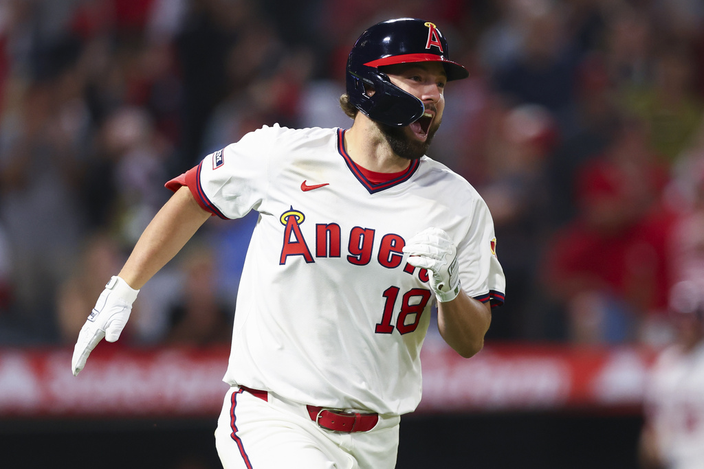 Angels first baseman Schanuel hit by pitch, leaves game and diagnosed ...
