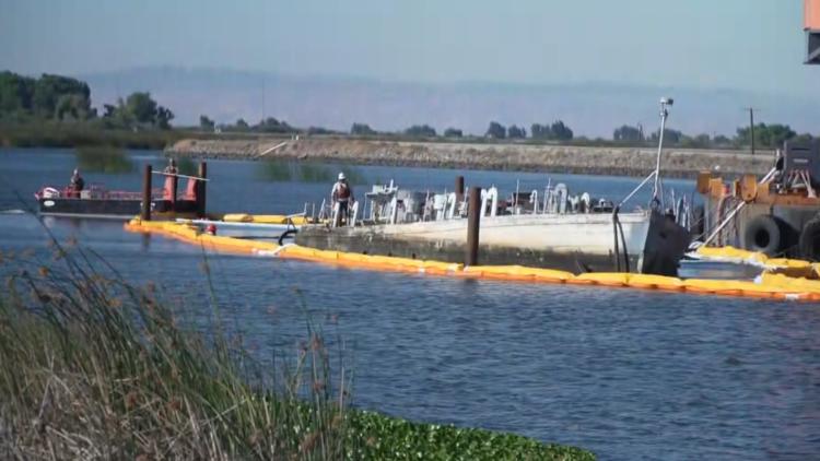 Final sunken ship being removed from slough near Stockton