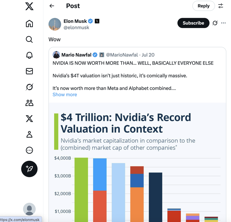 Elon Musk's 'one-word take on Nvidia becoming 'More Valuable than Every ...