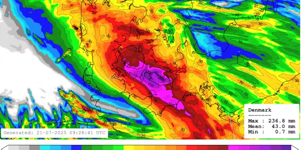Skyfall på väg mot Danmark – över en månads regn väntas under ett dygn