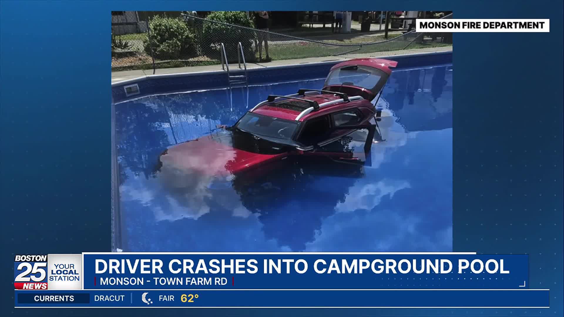 Car drives into Monson campground pool, narrowly missing swimmers