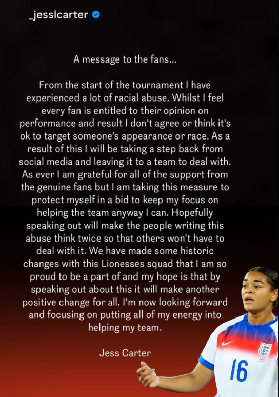 FIFA boss saddened by racial abuse of Jess Carter