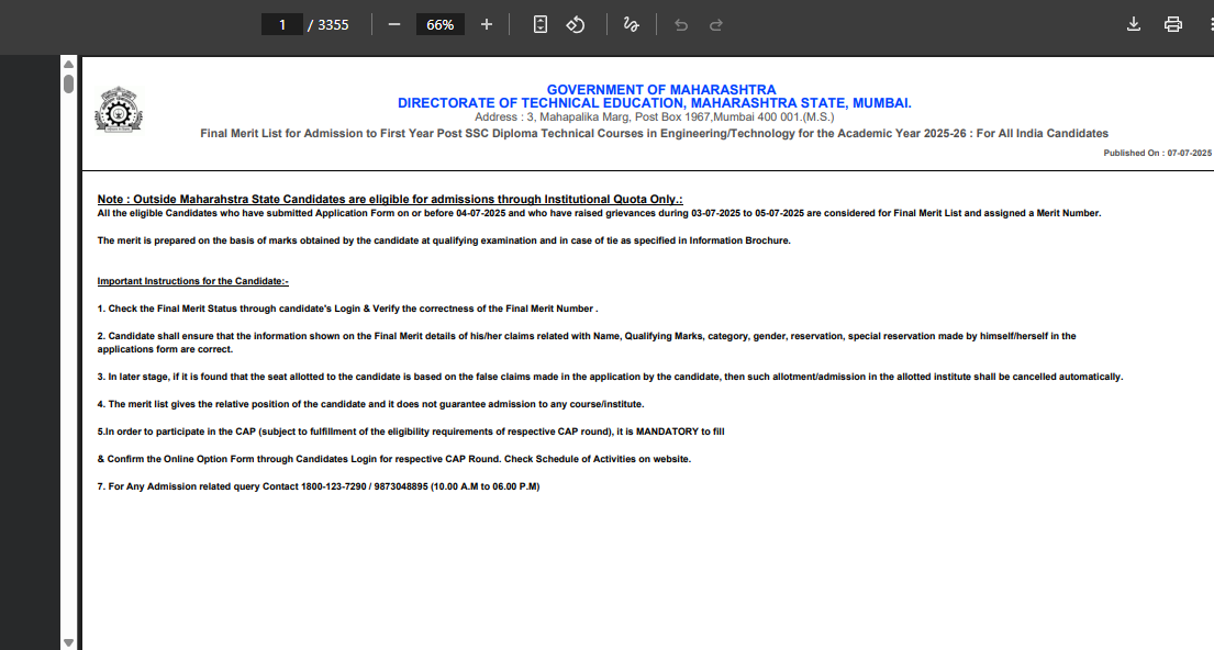 DTE Maharashtra Polytechnic merit list 2025 released at poly25 ...