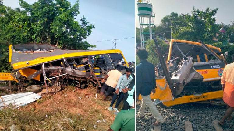Two students killed after train hits school van at railway crossing in ...