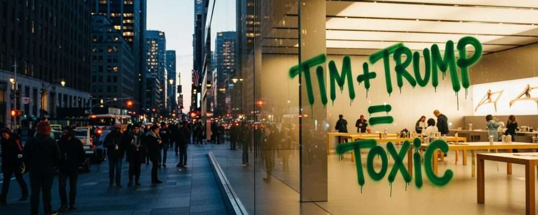 Tim + Trump = Toxic: attivista imbratta l'Apple Store di New York