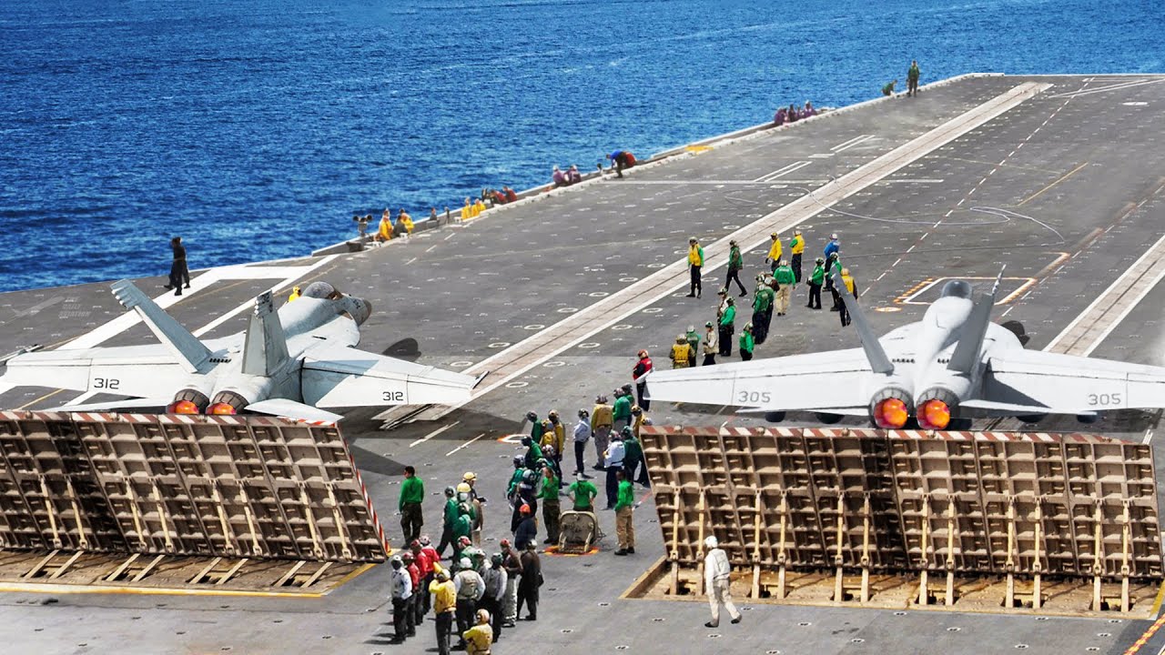 Mesmerizing US F-18 Takeoffs From a Massive Aircraft Carrier