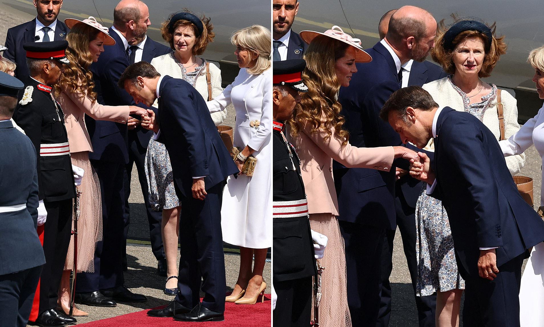 Awkward moment Emmanuel Macron air kisses the Princess of Wales' hand