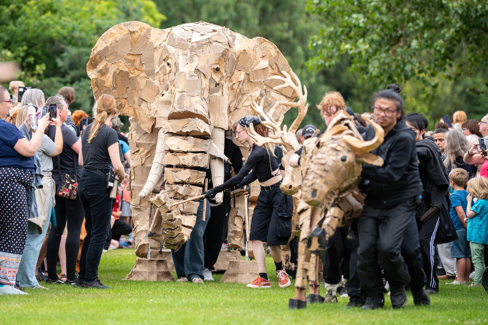 Life-size African animal pupets take over Wigan borough park