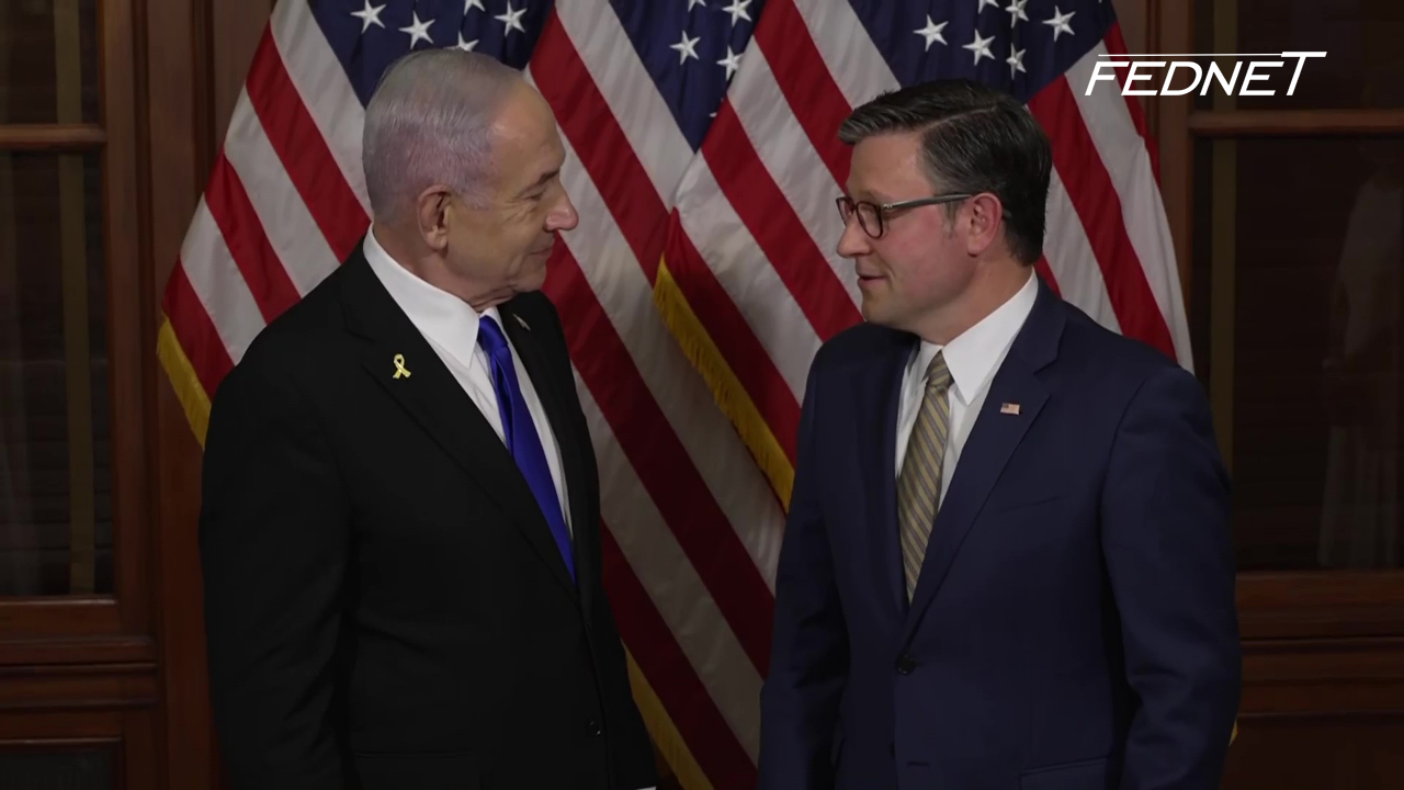 US House Speaker Johnson greets Israeli Prime Minister Netanyahu at US ...