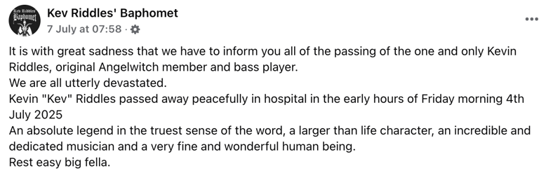 Iconic heavy metal musician Kevin Riddles dies age 68