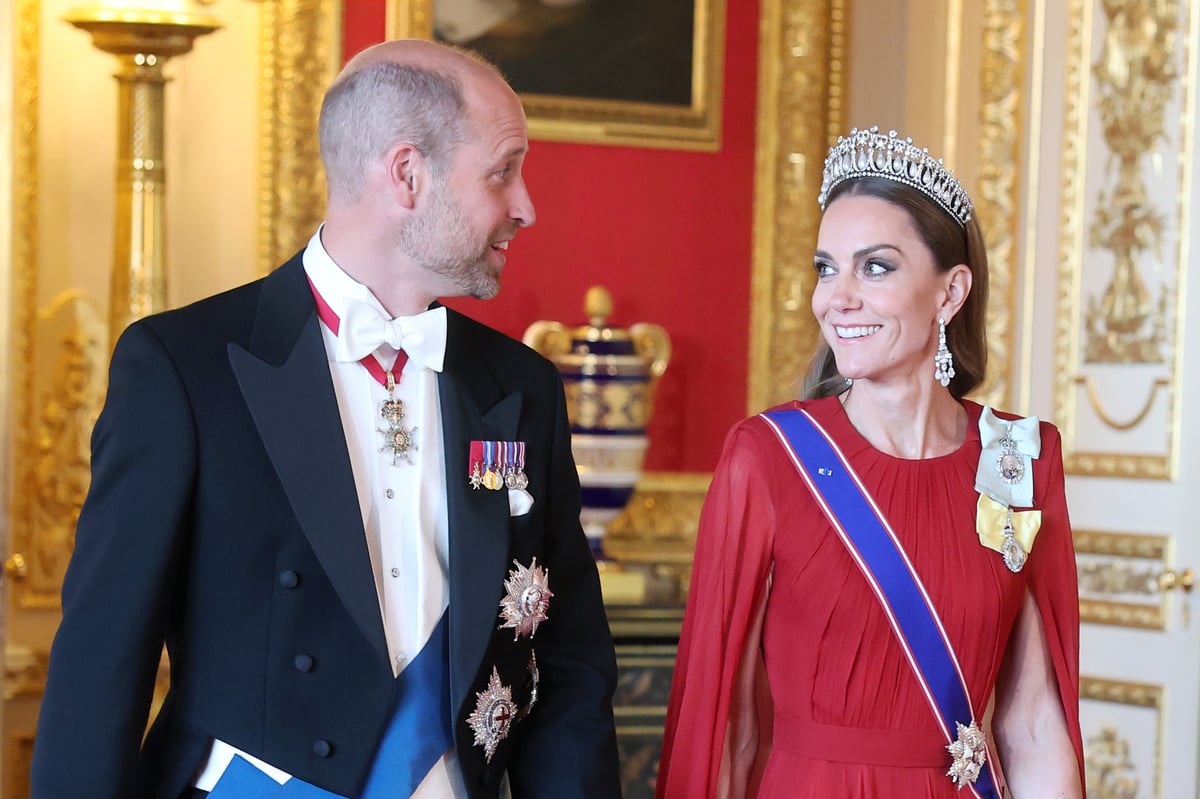 Princess of Wales dazzles in dark red silk at star-studded Macron state ...