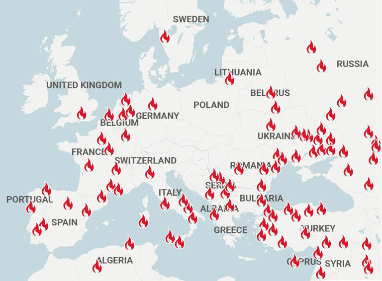 Wildfires rage across Europe as summer heat takes toll