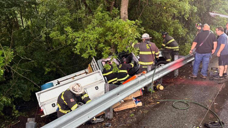 Large work truck crashes through guard rail in Lancaster County