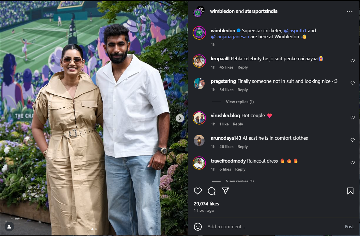 Cricket meets tennis! Jasprit Bumrah watches Wimbledon with wife ...