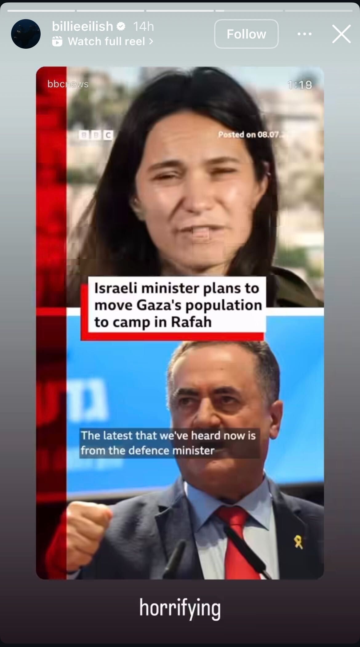 Billie Eilish Says Israel’s Plan to Relocate All Palestinians in Gaza ...