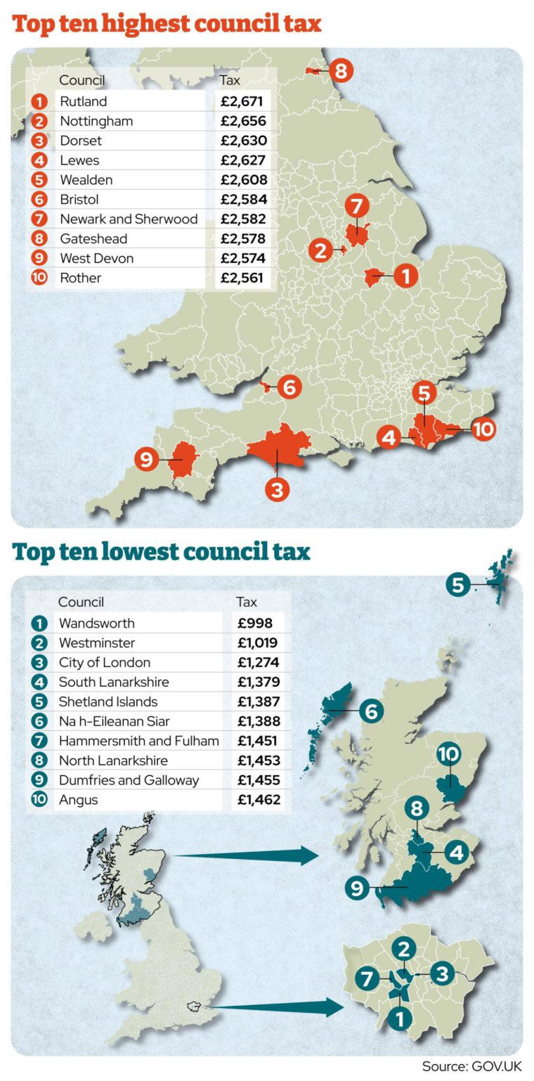 Britain’s highest and lowest council tax bills, mapped