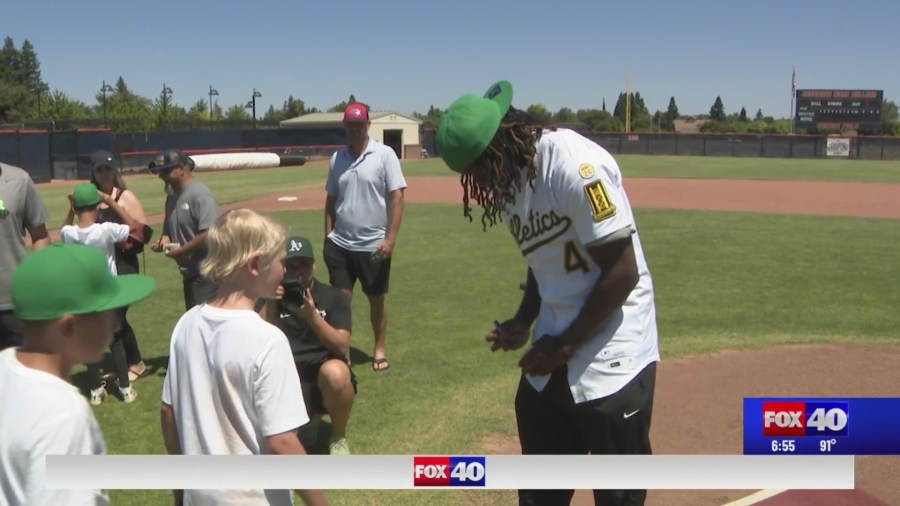 Lawrence Butler visits little leaguers at A’s camp at Cosumnes River ...
