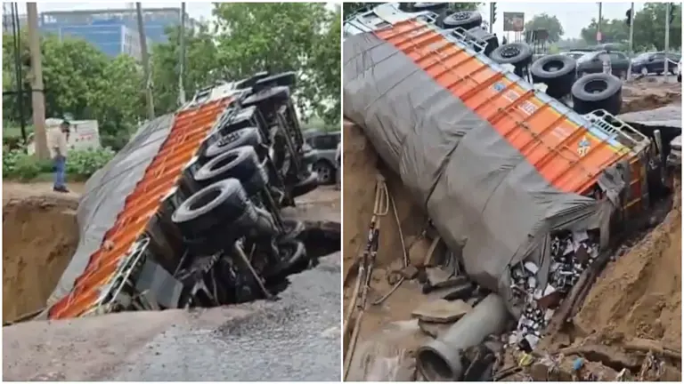 Gurugram Rains: Truck Falls Into Ditch After Heavy Showers Lash City (VIDEO)