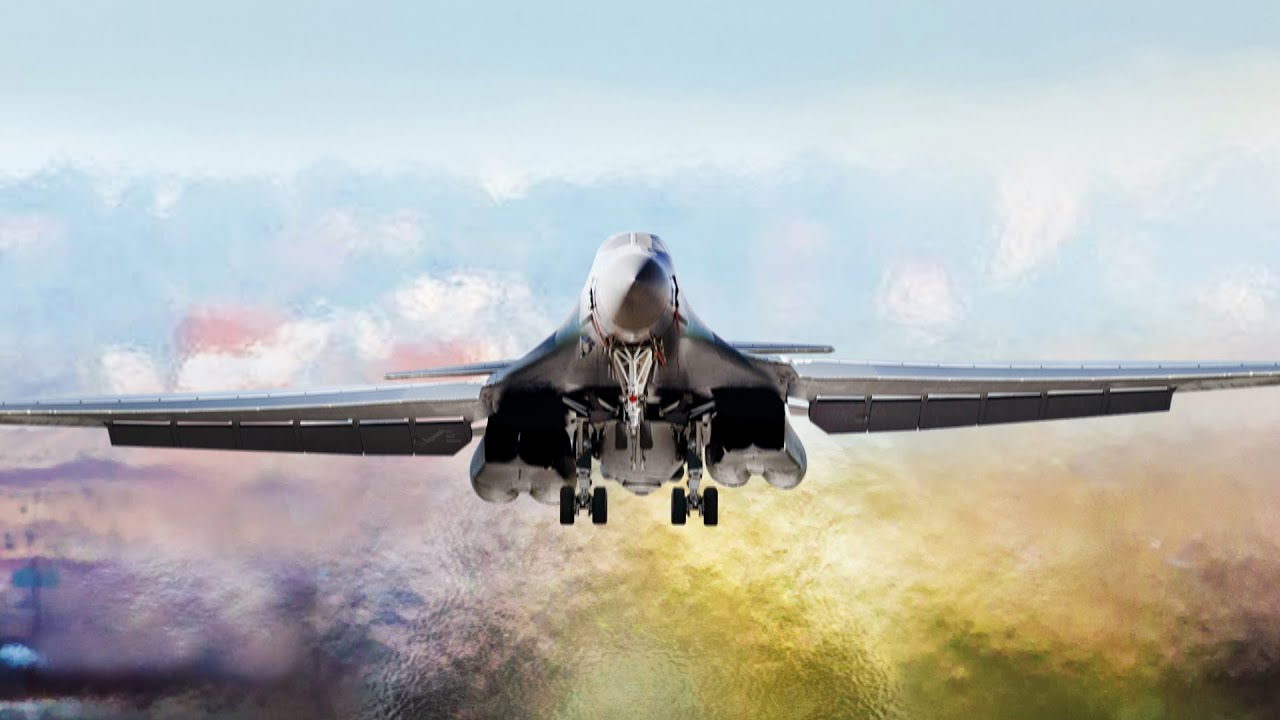 US B-1 Lancer takes off from runway using full afterburner power