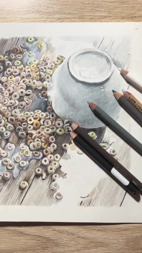 Realistic Colored Pencil Drawing of Spilled Cereal Scene