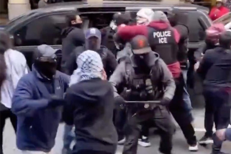 ICE agents clash with shrieking keffiyeh-wearing protesters outside San ...