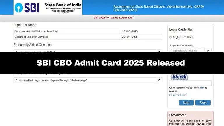 SBI CBO Admit Card 2025 Out At bank.sbi; Check Eligibility Criteria Here