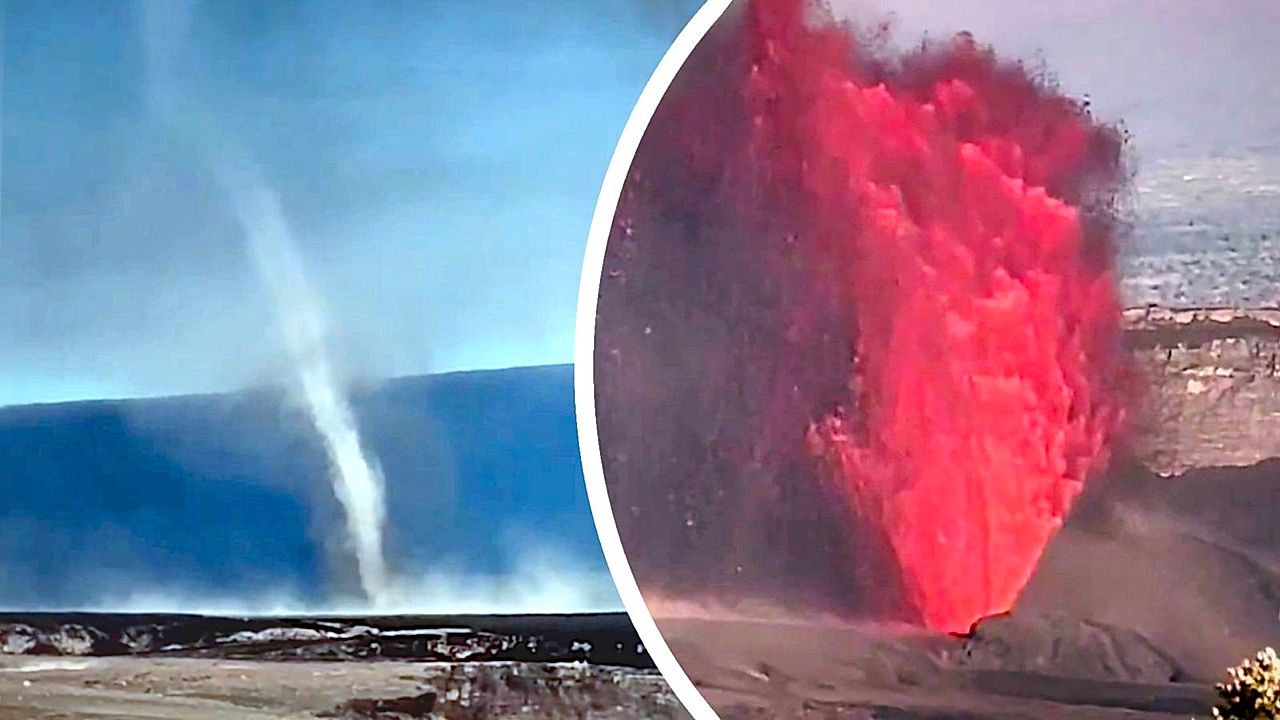 Volcanic dust devil spins as lava explodes in jaw-dropping Kīlauea eruption