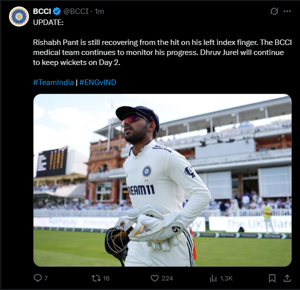 IND vs ENG 3rd Test: BCCI issues update on Rishabh Pant's fitness ahead ...