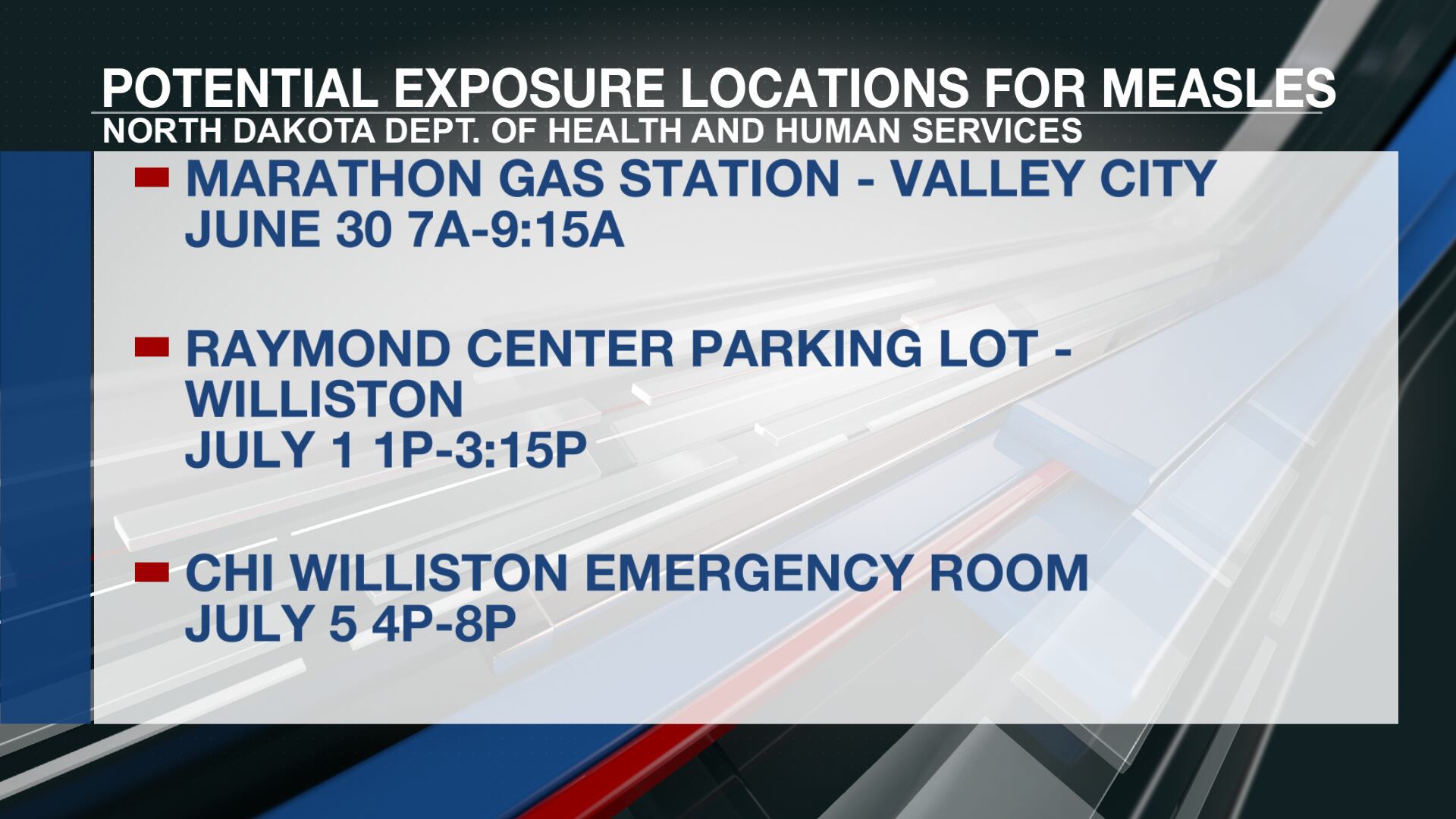 ND HHS lists three locations for possible measles exposure