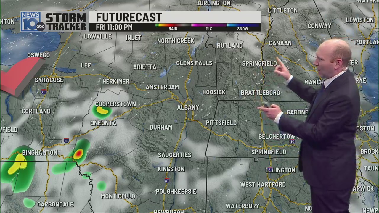 Partly cloudy, shower or storm Friday night