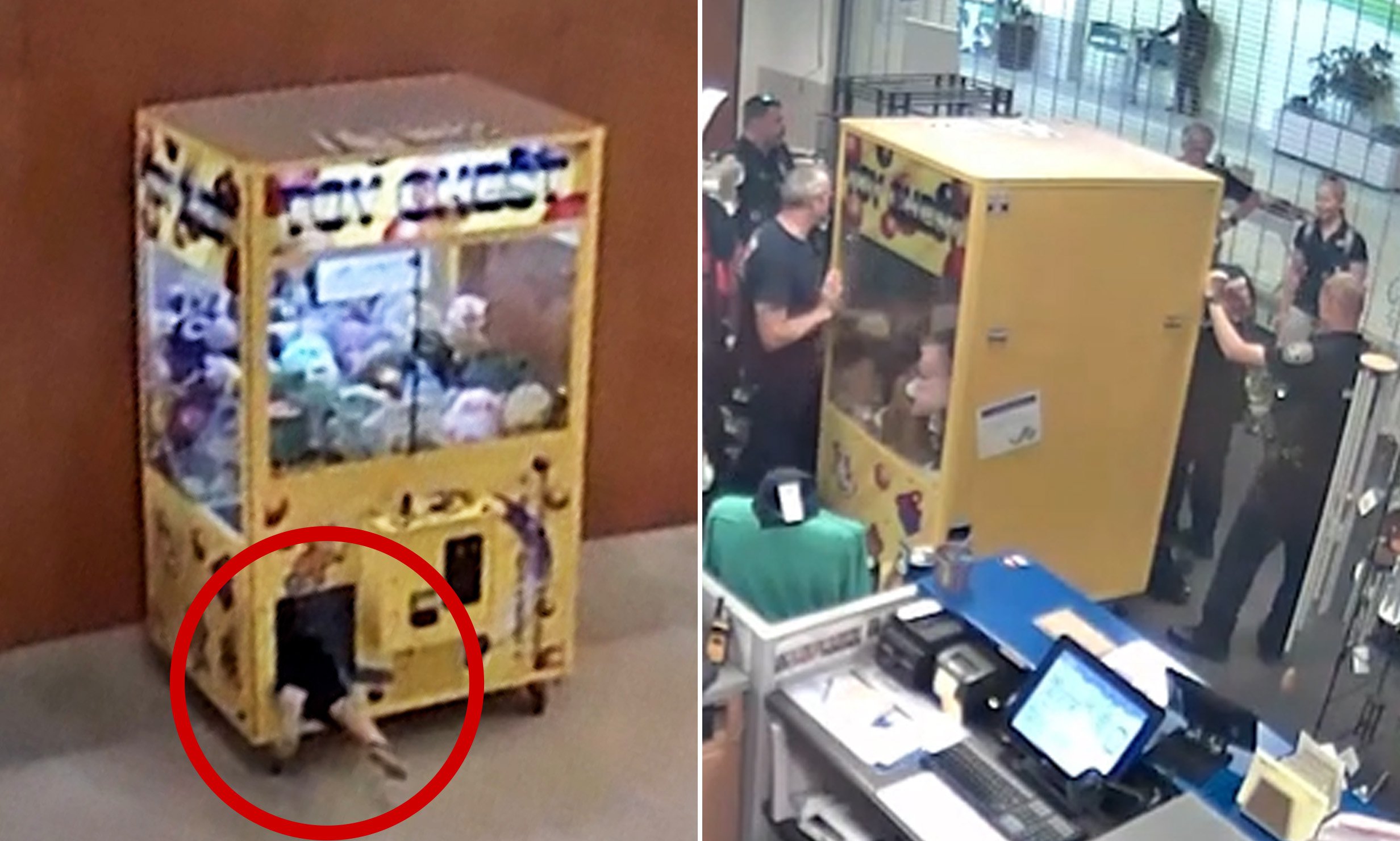 CCTV shows young boy crawling into claw machine