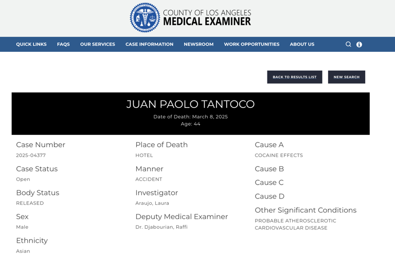LA autopsy reveals cause of Juan Paolo Tantoco’s death