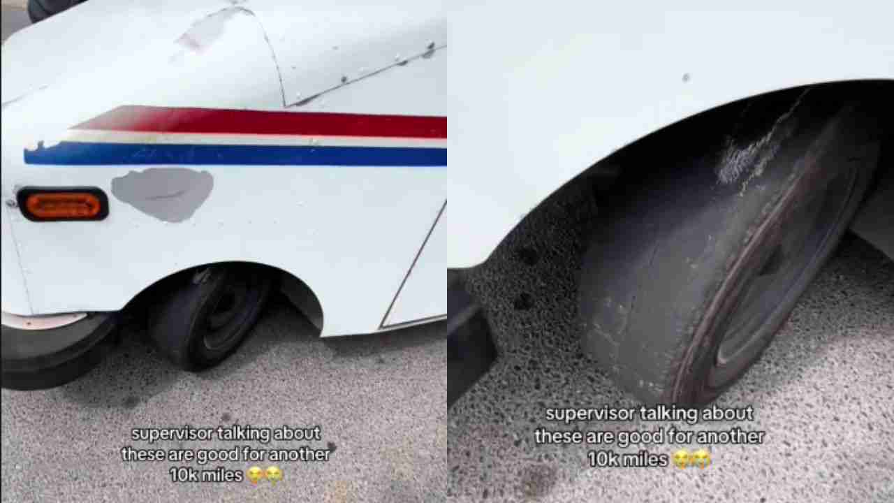 Video of US postal service driver goes viral showing bald tires